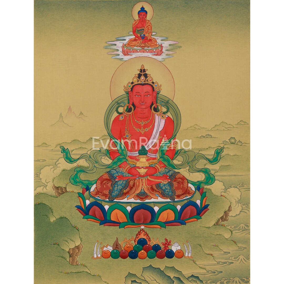 Amitayus & Amitabha Buddha Painting | Spiritual Red-hued Artwork for ...