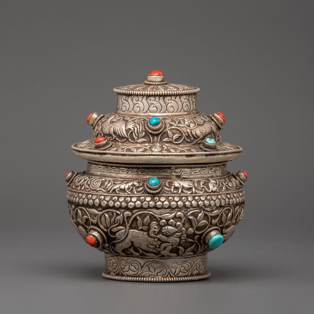Pure Silver Rice Pot With Turquoise and Coral Stone | Tibetan Offering ...