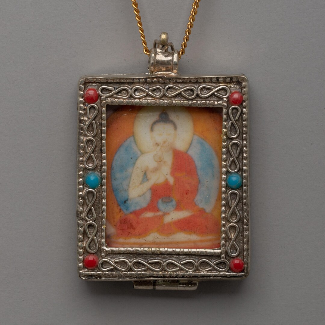 Traditional Tibetan Vairochana Buddha Locket White Metal, Coral, and ...