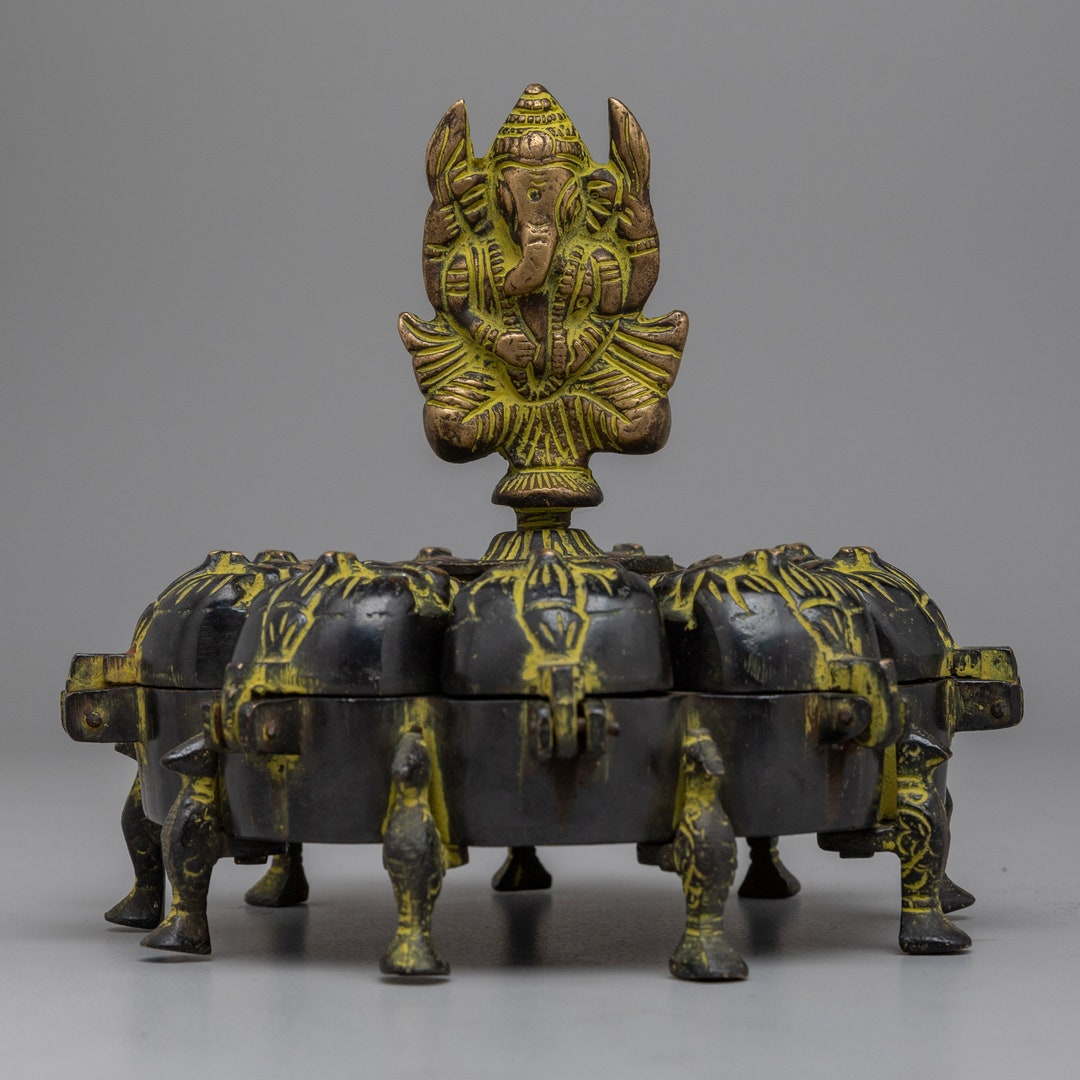 Hand-carved Ganesh Brass Tikka Box | Brass Unique Trinket Box | 9 ...