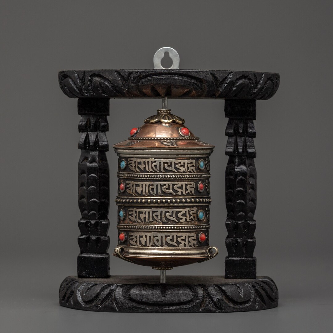 Tibetan Prayer Wheel With Wooden Frame | Mantra Wheel for Meditation ...