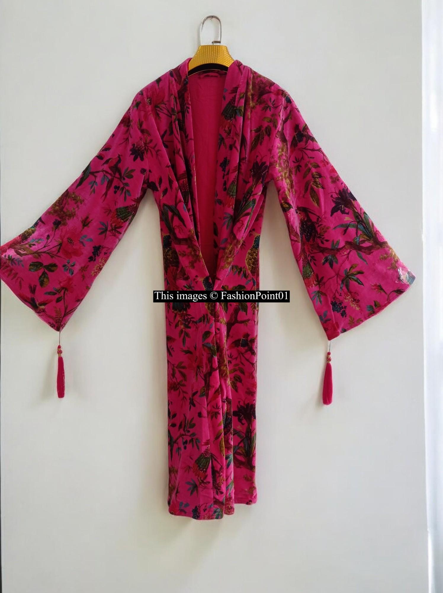 OFMD Pink Bird Velvet Banyan Fabric Kimono Cotton Velvet Robe Long ...