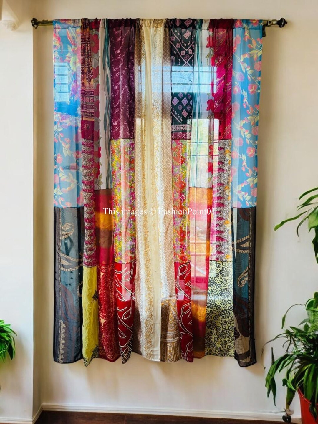Indian Patchwork Silk Saree Fabric Curtain Decorative Boho Hippie ...