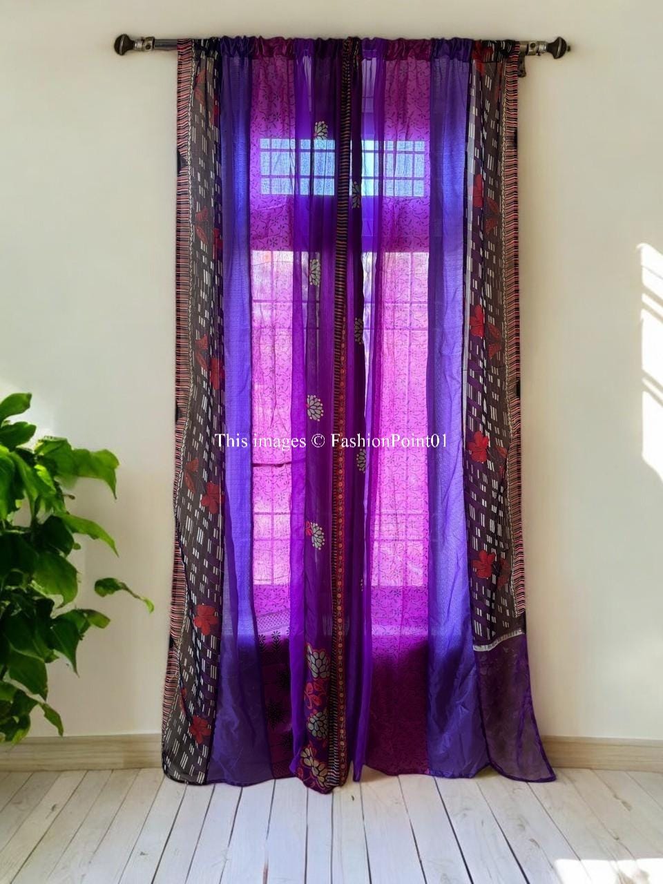 Handmade Silk Saree Curtain: Boho Patchwork Window Decor (210x105 Cm ...
