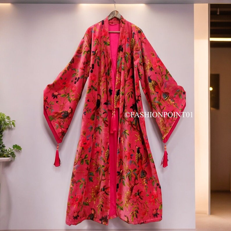 OFMD Pink Bird Velvet Banyan Fabric Kimono Cotton Velvet Robe Long ...