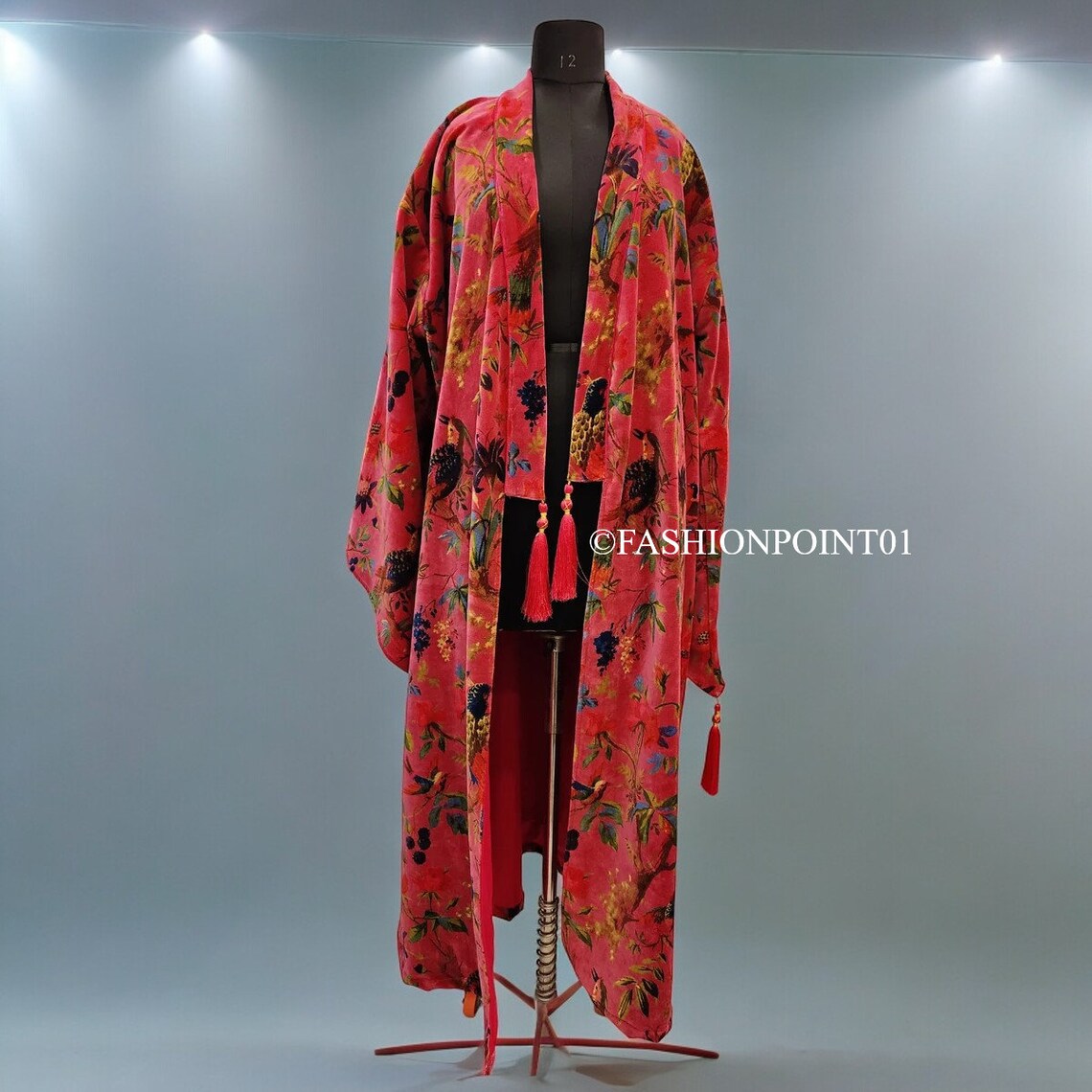 OFMD Pink Bird Velvet Banyan Fabric Kimono Cotton Velvet Robe Long ...