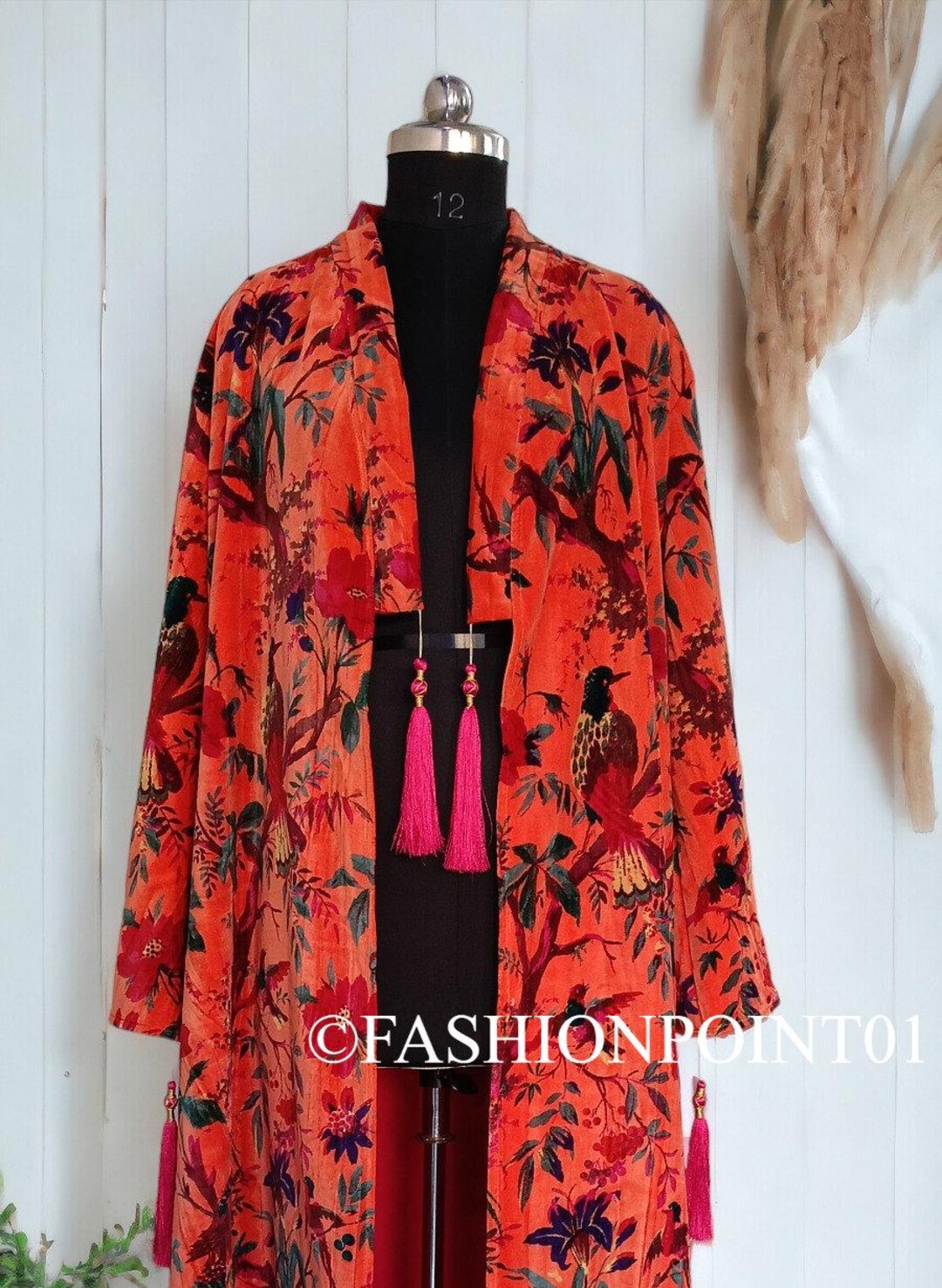OFMD Boho Bird Print Cotton Kimono Robe, Orange Long Banyan With ...