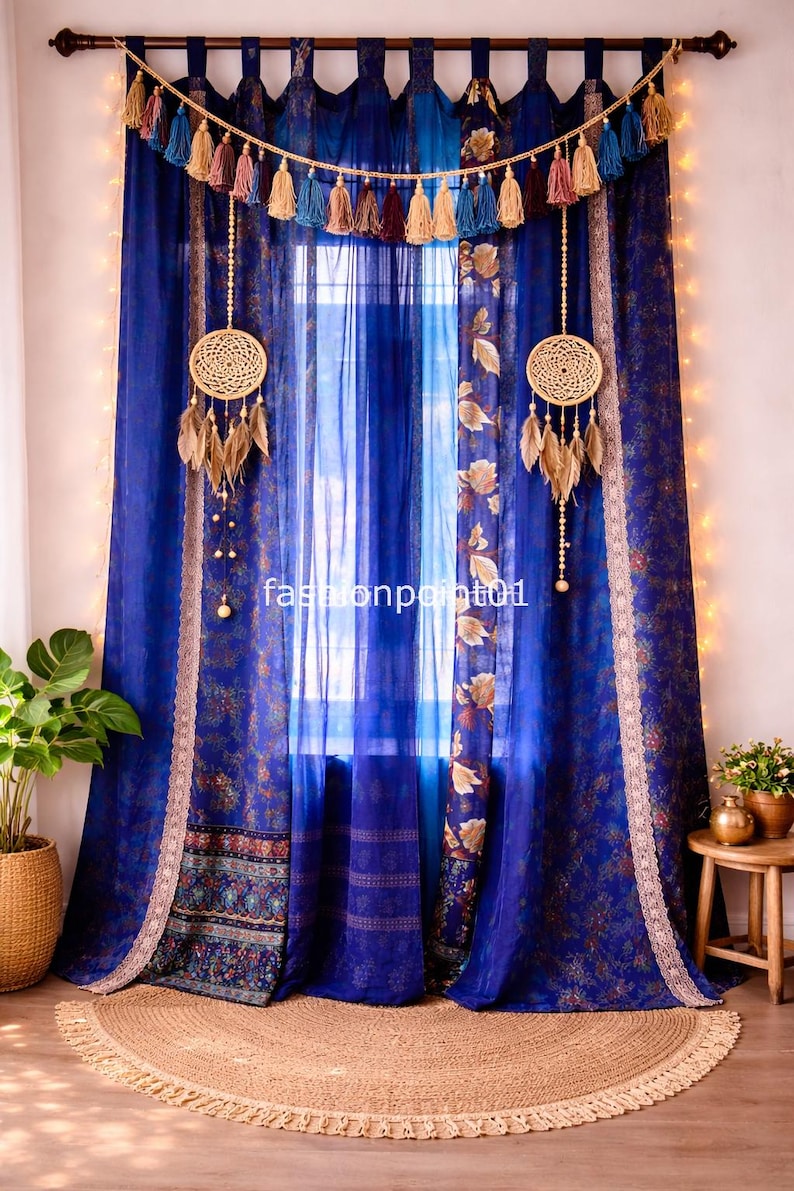 Indian Silk Saree Curtains Boho Patchwork Vintage Colorful Window ...