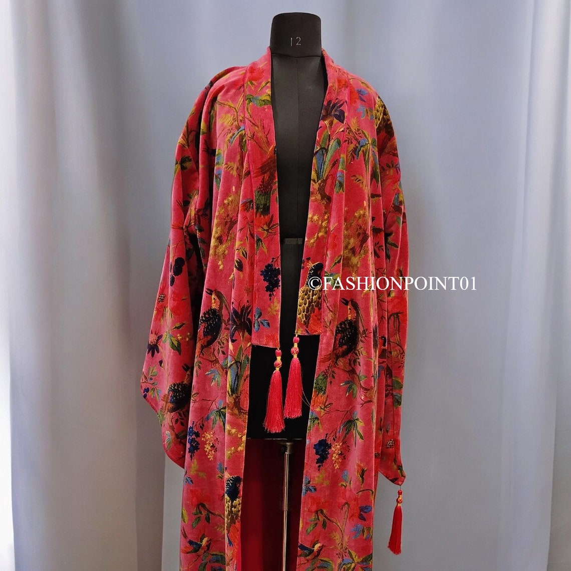 OFMD Pink Bird Velvet Banyan Fabric Kimono Cotton Velvet Robe Long ...