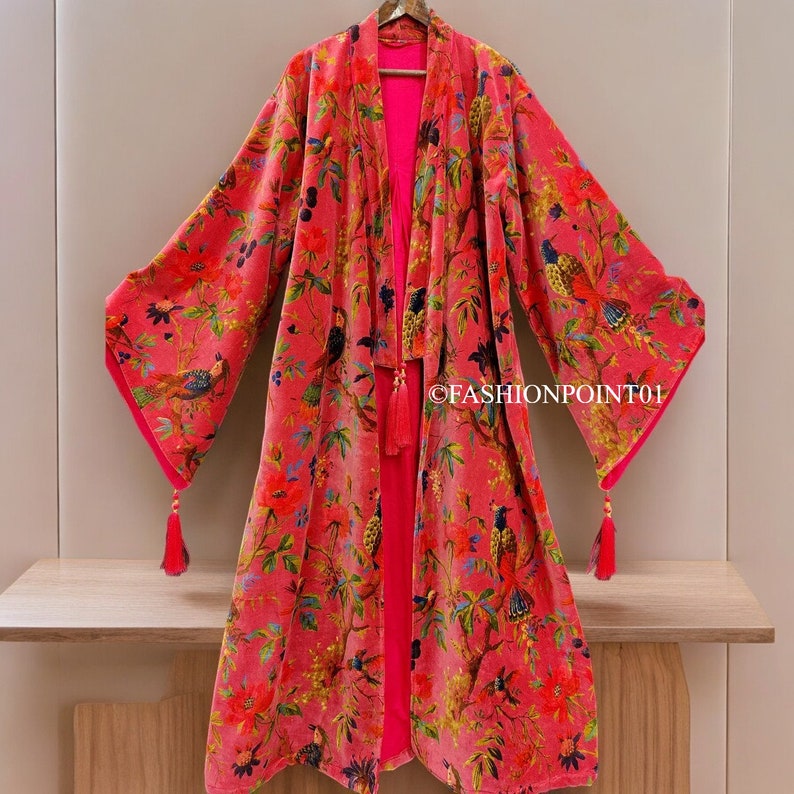 OFMD Pink Bird Velvet Banyan Fabric Kimono Cotton Velvet Robe Long ...