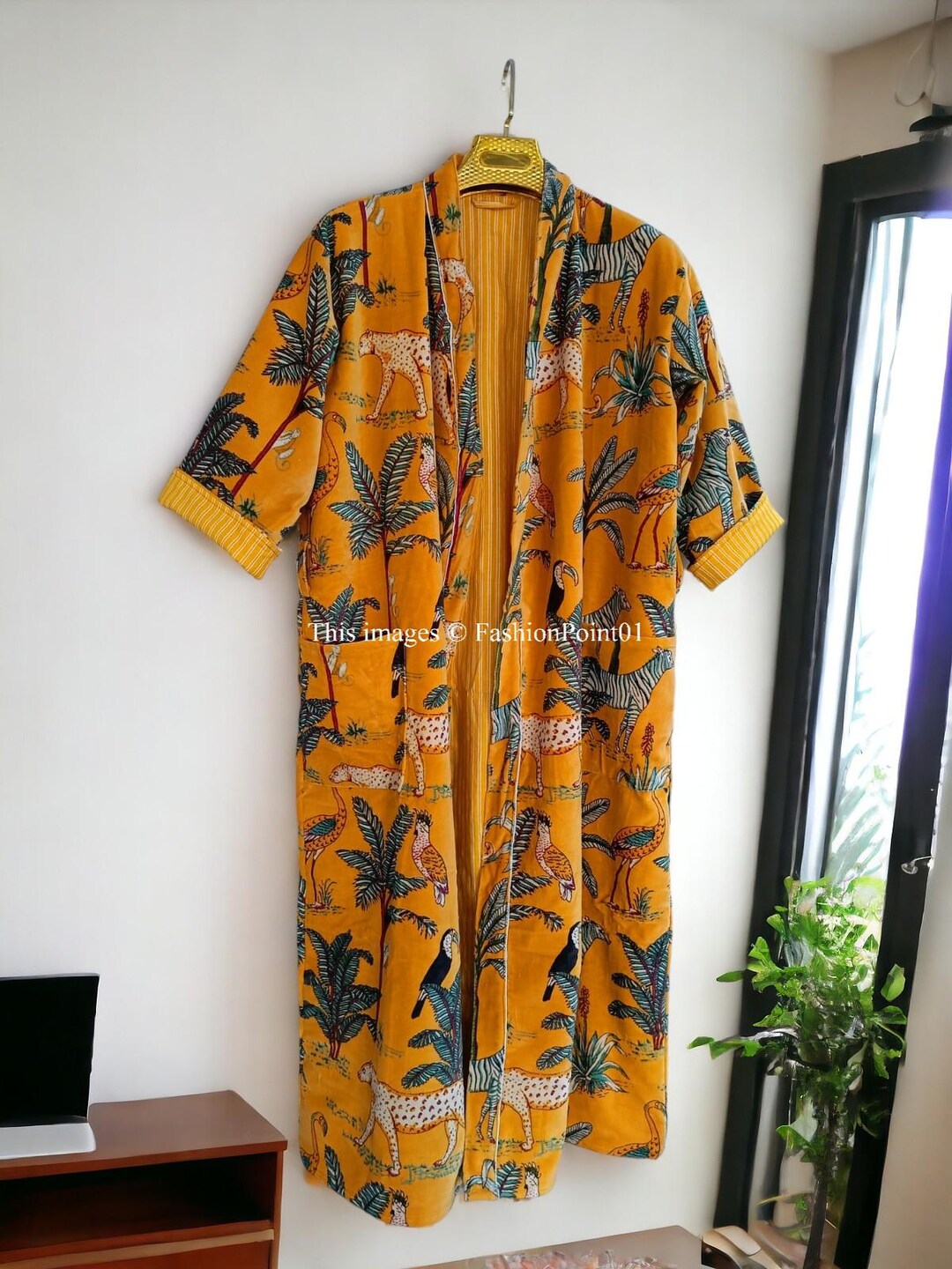 OFMD Forest Printed Velvet Banyan Fabric Kimono Cotton Velvet Robe Long ...