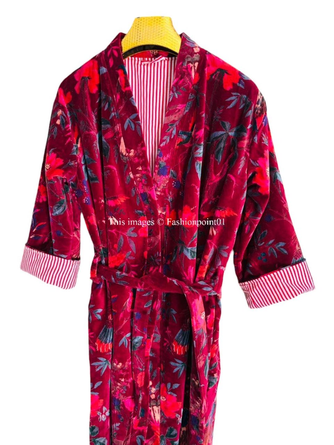 OFMD Bird Velvet Banyan Fabric Kimono Cotton Velvet Robe Long, Original ...