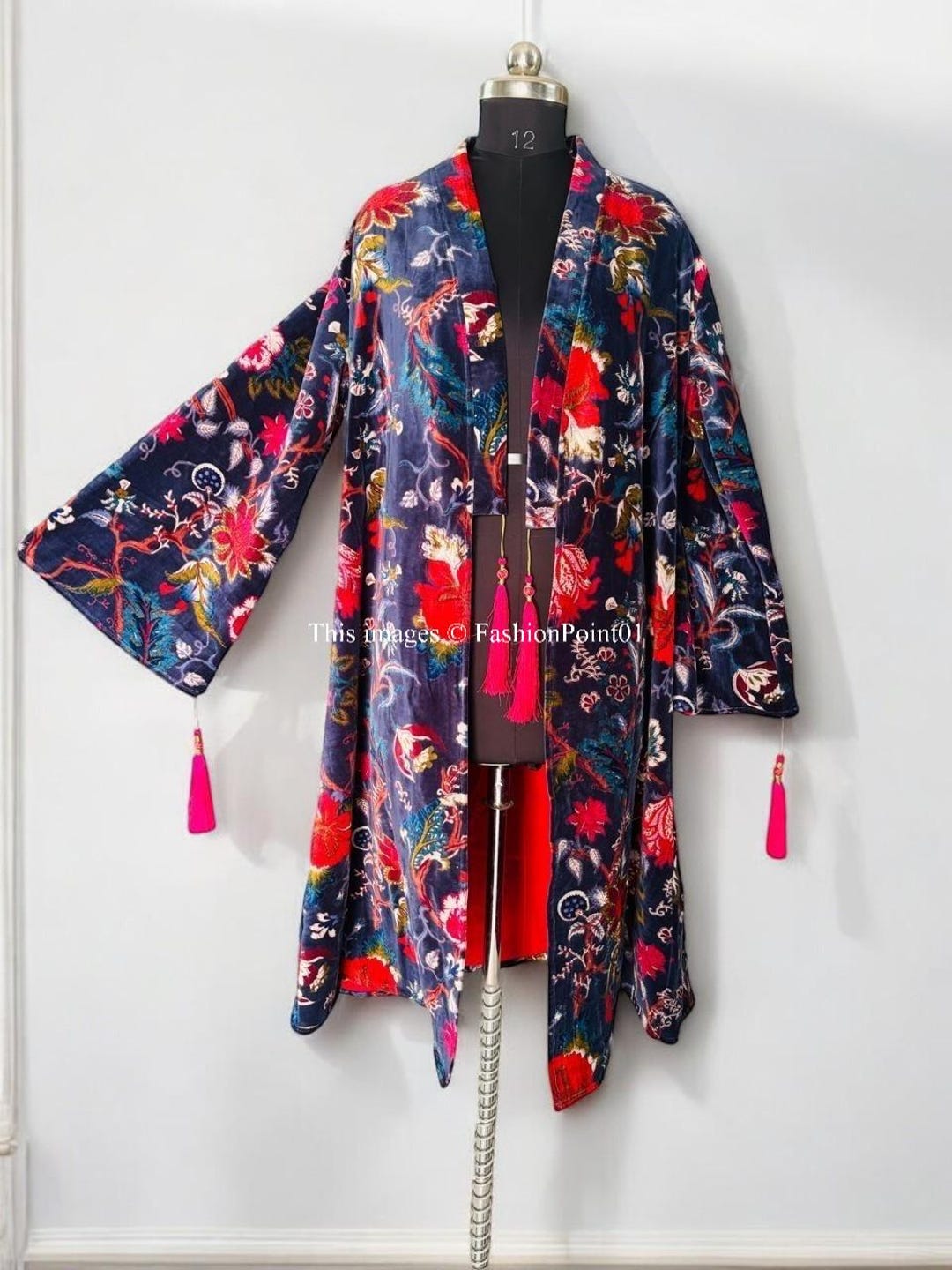 OFMD Blue Floral Velvet Banyan Fabric Kimono Cotton Velvet Robe Long ...