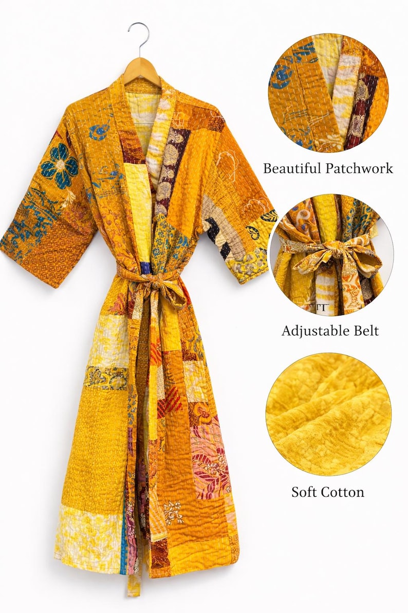 Handmade Patchwork Kimono Robe for Women | Vintage Kantha Cotton ...