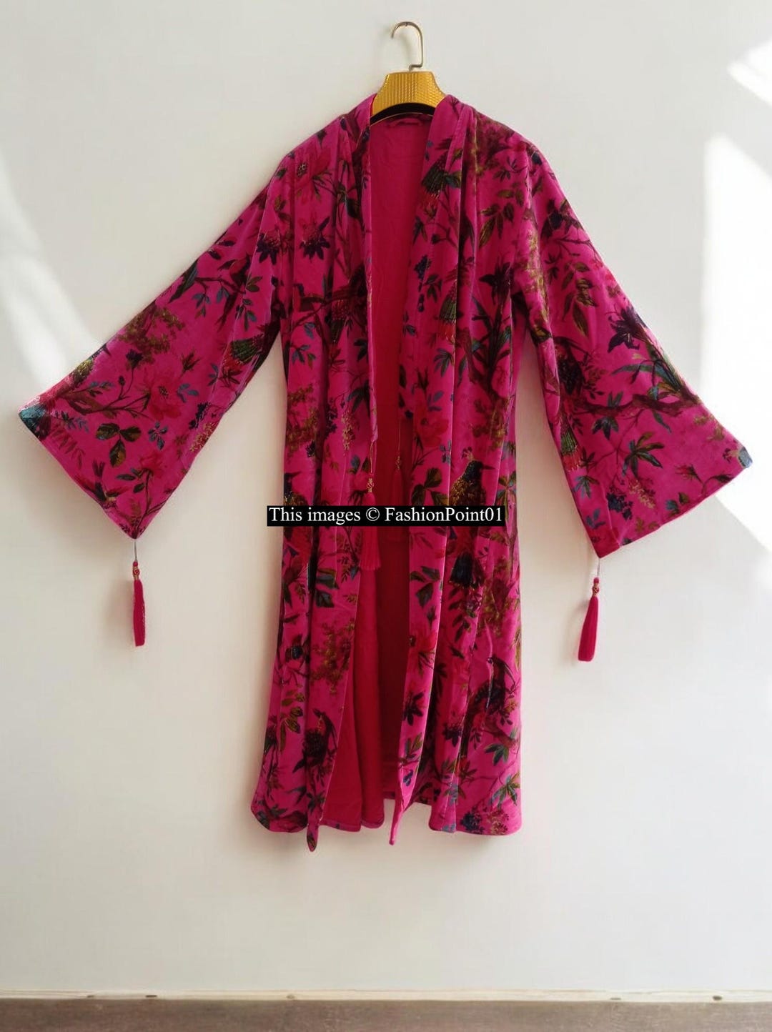OFMD Pink Bird Velvet Banyan Fabric Kimono Cotton Velvet Robe Long ...