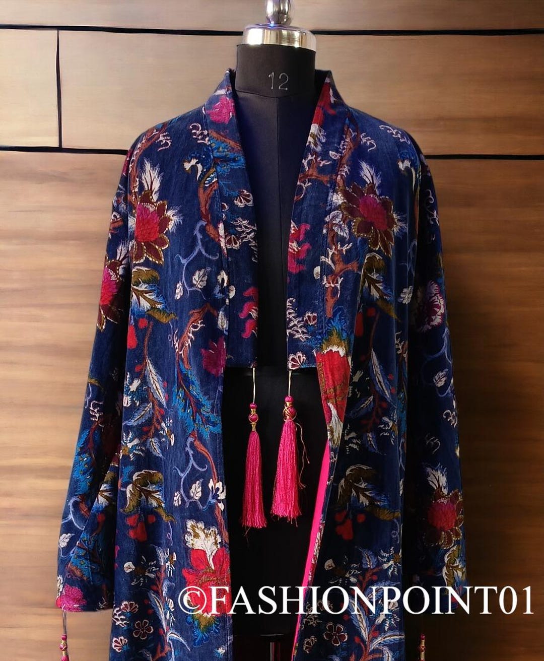 OFMD Blue Floral Velvet Banyan Fabric Kimono Cotton Velvet Robe Long ...