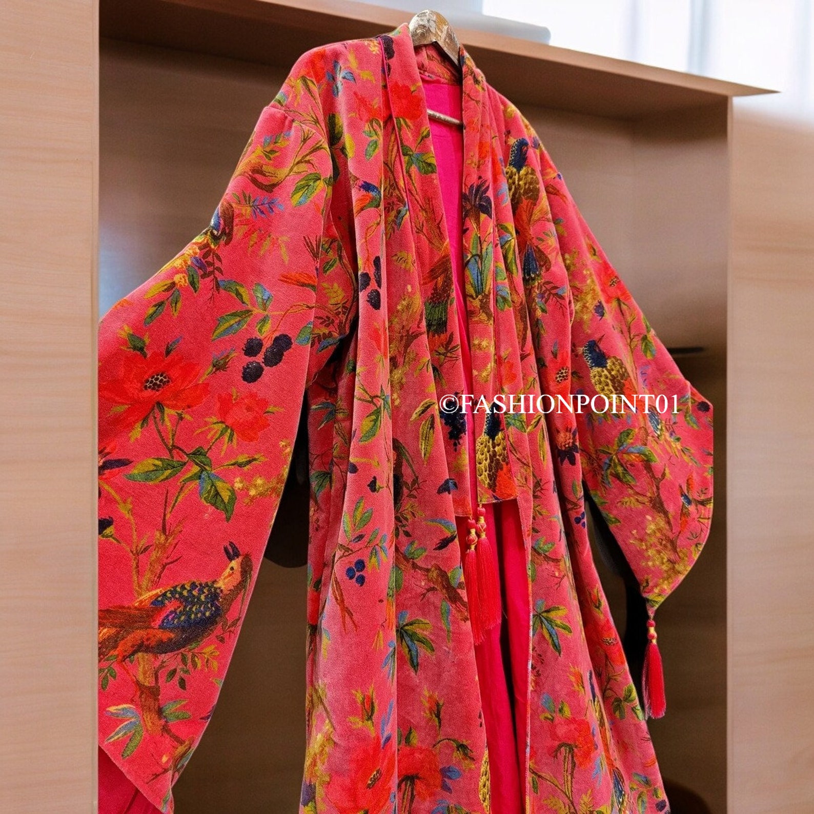 OFMD Pink Bird Velvet Banyan Fabric Kimono Cotton Velvet Robe Long ...