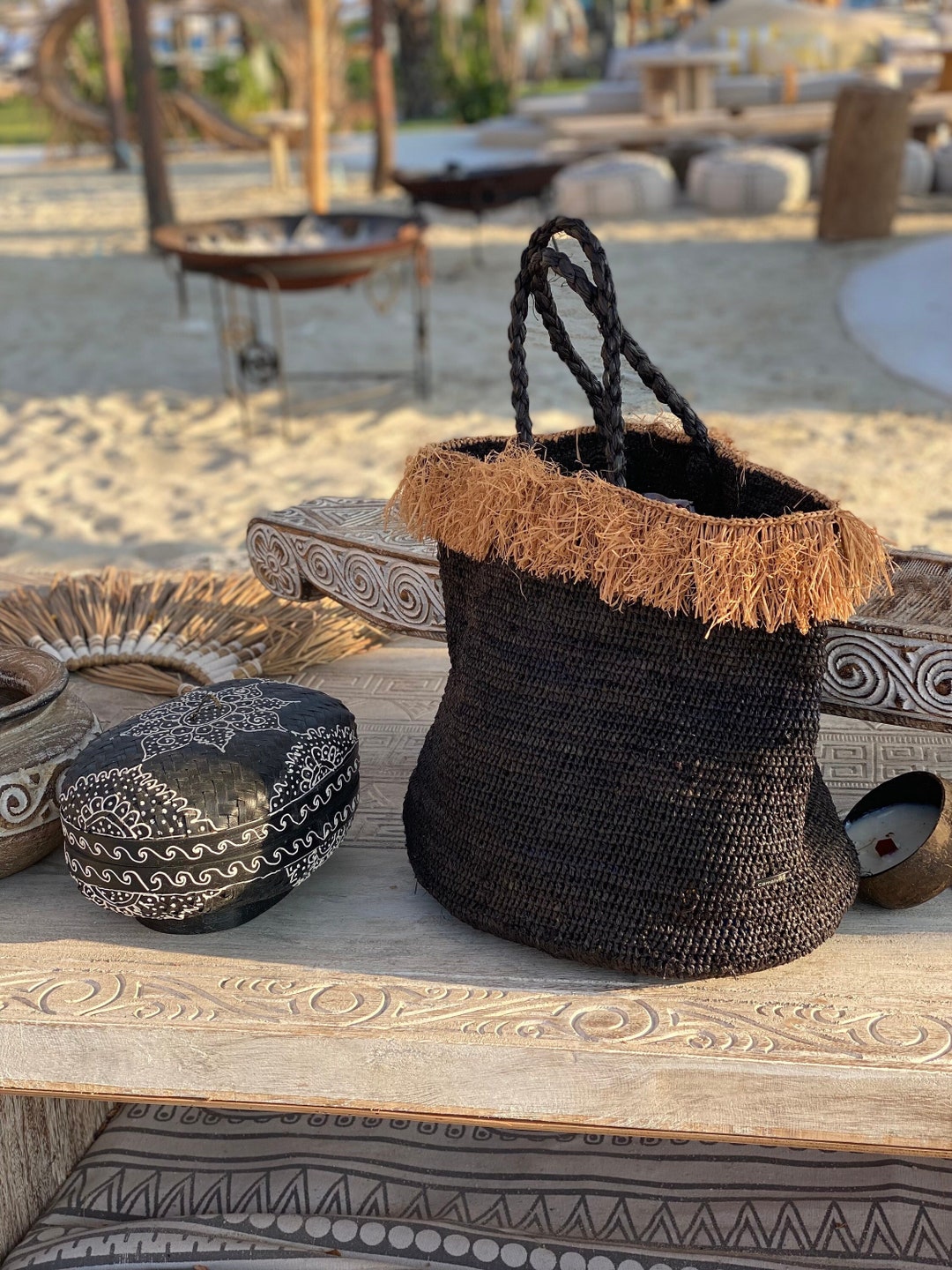 Black Raffia Bag and Natural Fringes, Artisanal Creation From ...