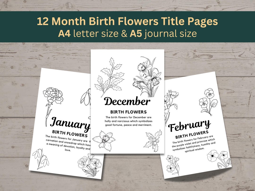 12 Month Title Pages - Month Birth Flowers - PRINTABLE Journal Page ...