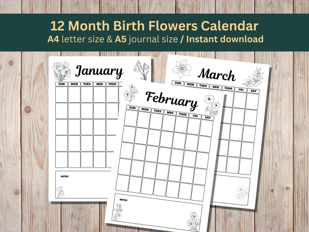 Floral 12 Month Calendar - Birth Flowers 2025 Planner Pdf Journal ...