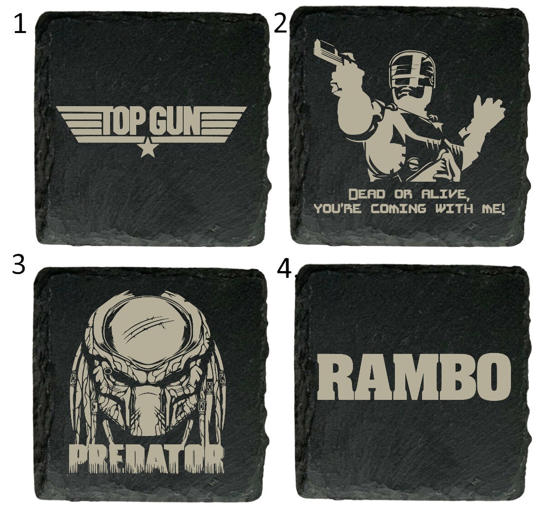80's Action Movie Inspired Natural Slate Coasters Top Gun, Robocop ...