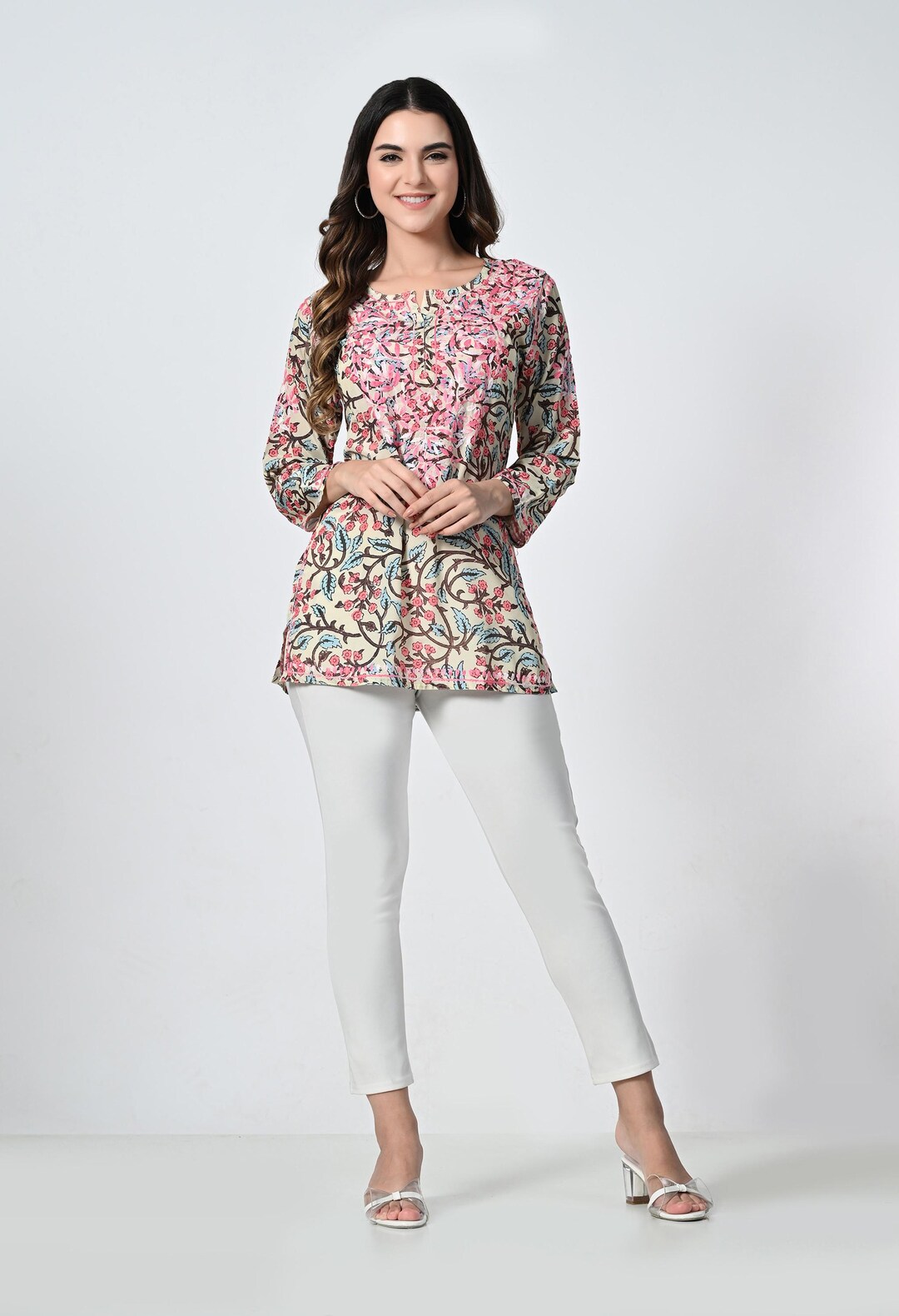 Short Printed Lucknowi Chikankari Crape Fabric Short Kurti Handmade ...