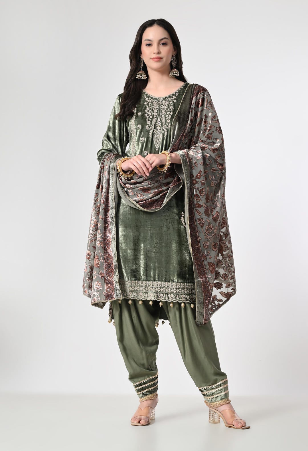 Regal Olive Green Velvet Suit With Embroidered Velvet Brasso Dupatta ...