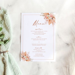Pampas Reception Dinner Menu Template, Terra Cotta Editable Wedding ...