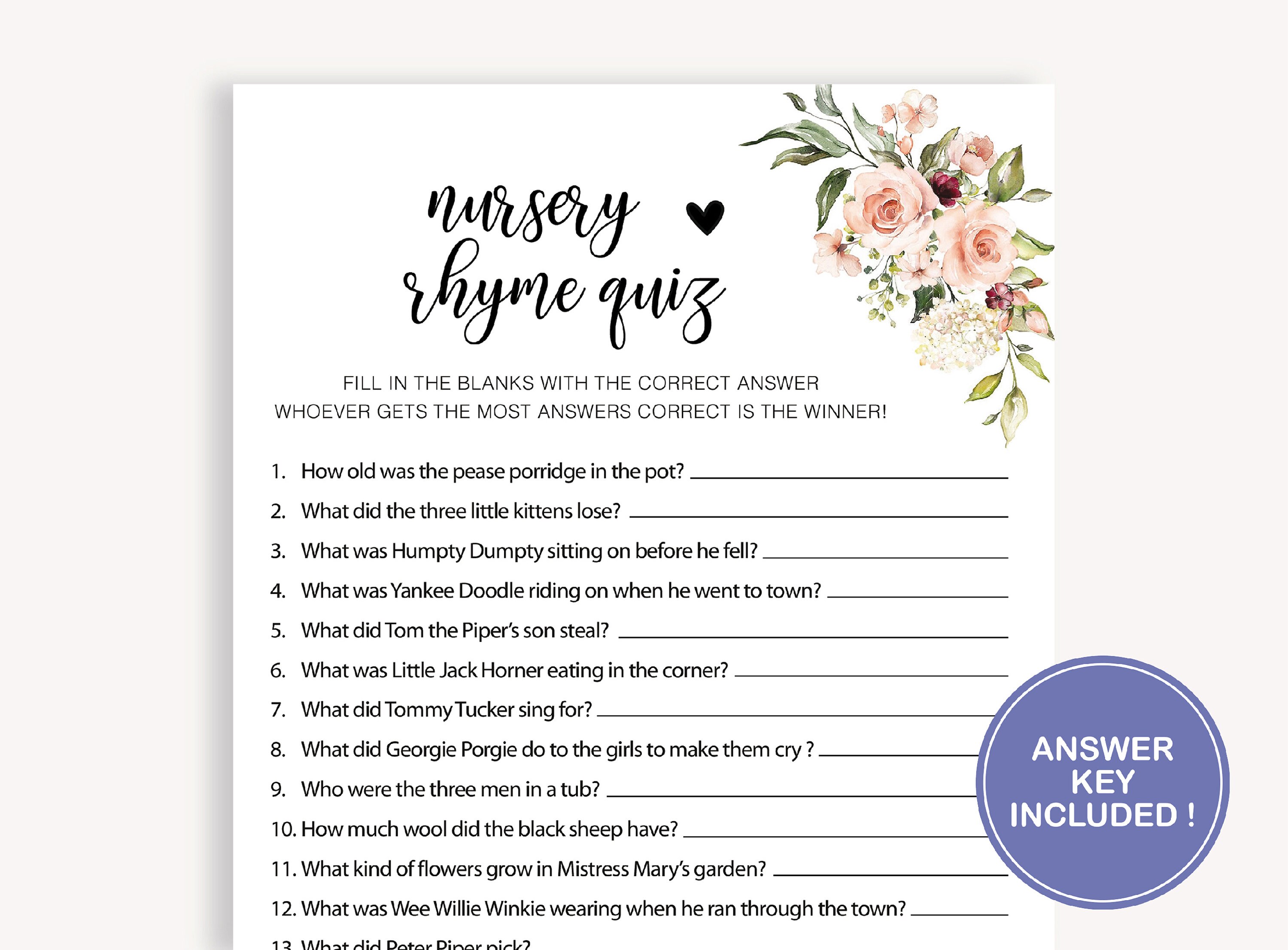 Nursery Rhyme Quiz Baby Shower Games, Printable Nursery Rhyme Game ...