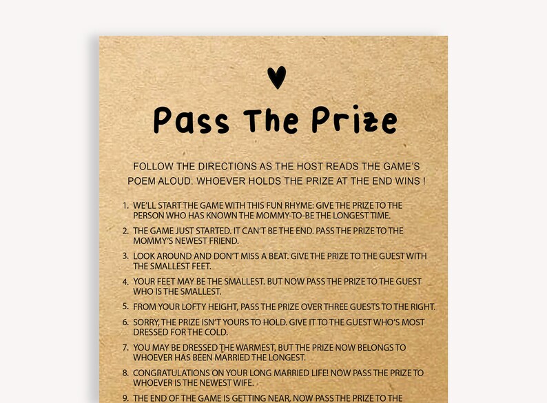 Pass the Prize Rhyme Game, Baby Shower Game Idea, Printable Instant ...