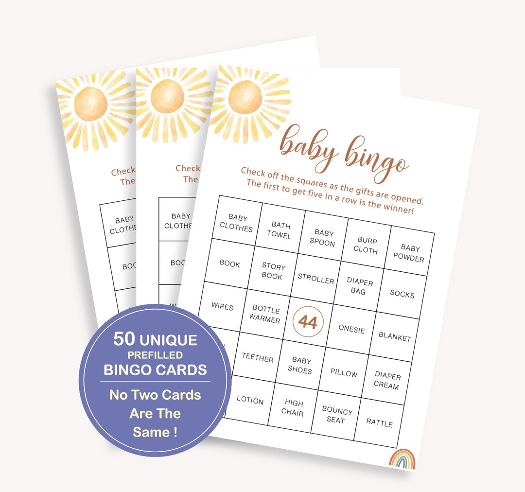 50 Unique Bingo Cards, Baby Shower Bingo Game, Prefilled Baby Bingo ...
