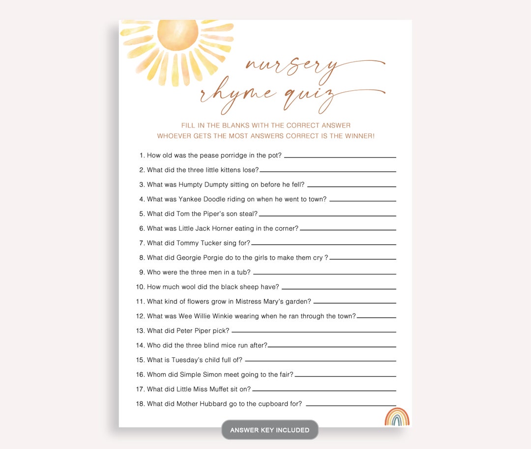 Instant Download Nursery Rhyme Quiz, Baby Shower Game Card Activity ...
