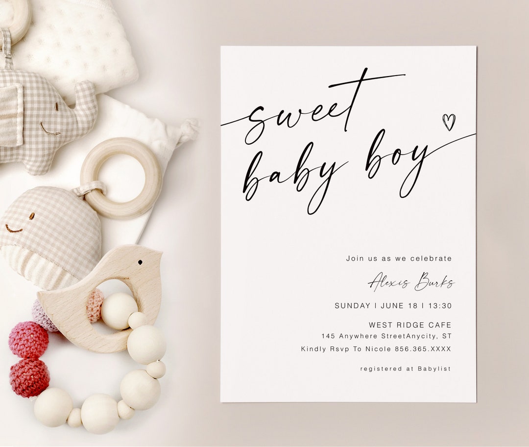Sweet Baby Boy Invitation Template, Minimalist Baby Shower Invite, Boho ...