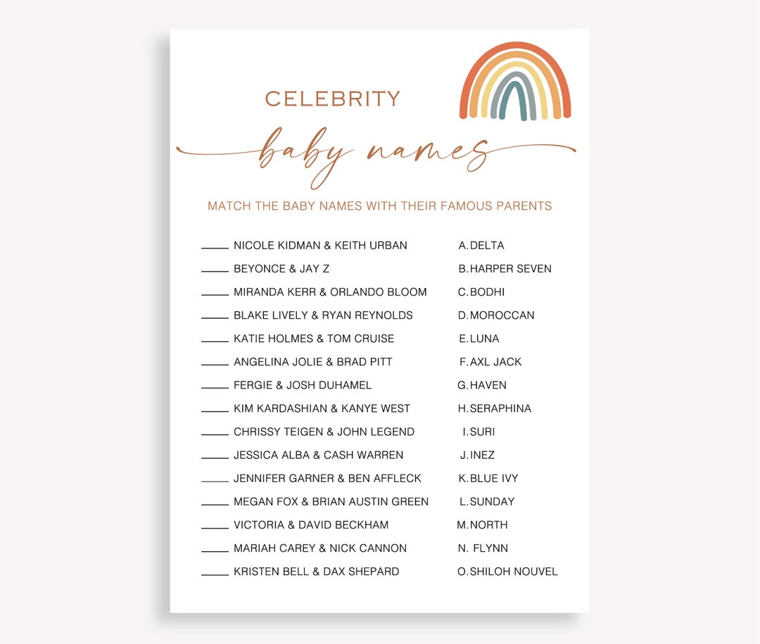 Baby Name Match Game, Baby Shower Celebrity Match, Baby Name Match Game ...