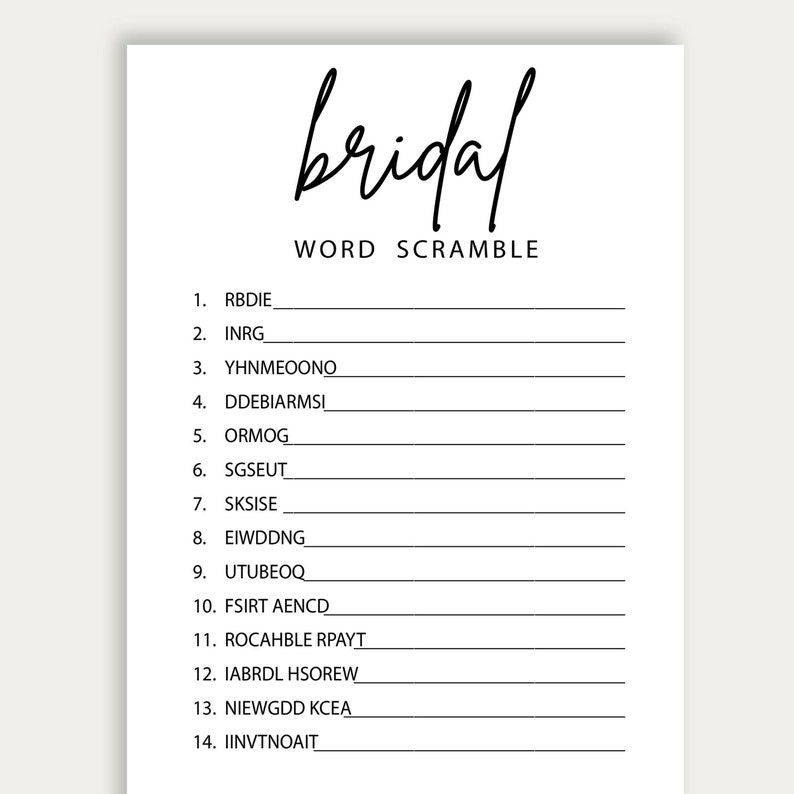 Wedding Word Scramble Game Bridal Shower Activity Word - Etsy