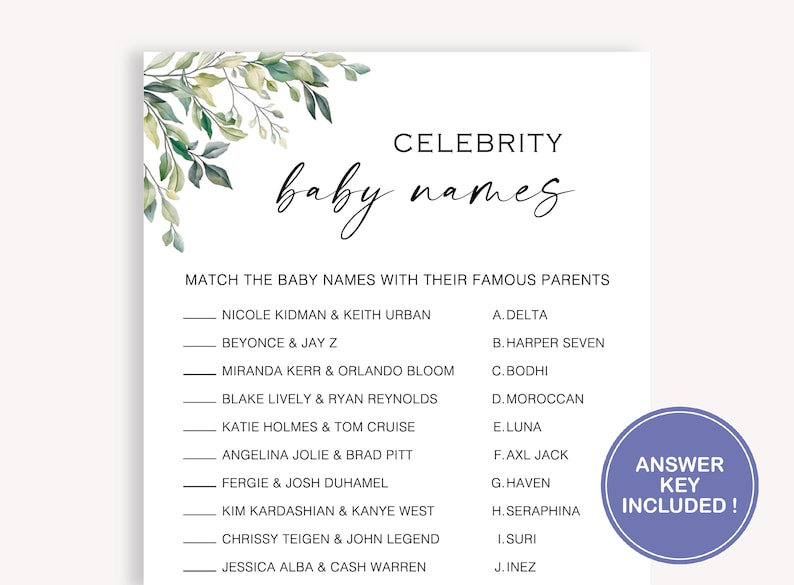 Baby Shower Celebrity Match Baby Name Match Game Gender - Etsy