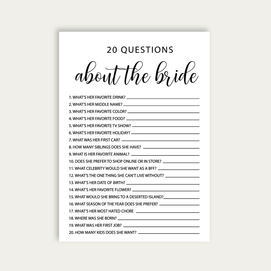 20 Questions About the Bride Bridal Shower Game Minimal - Etsy