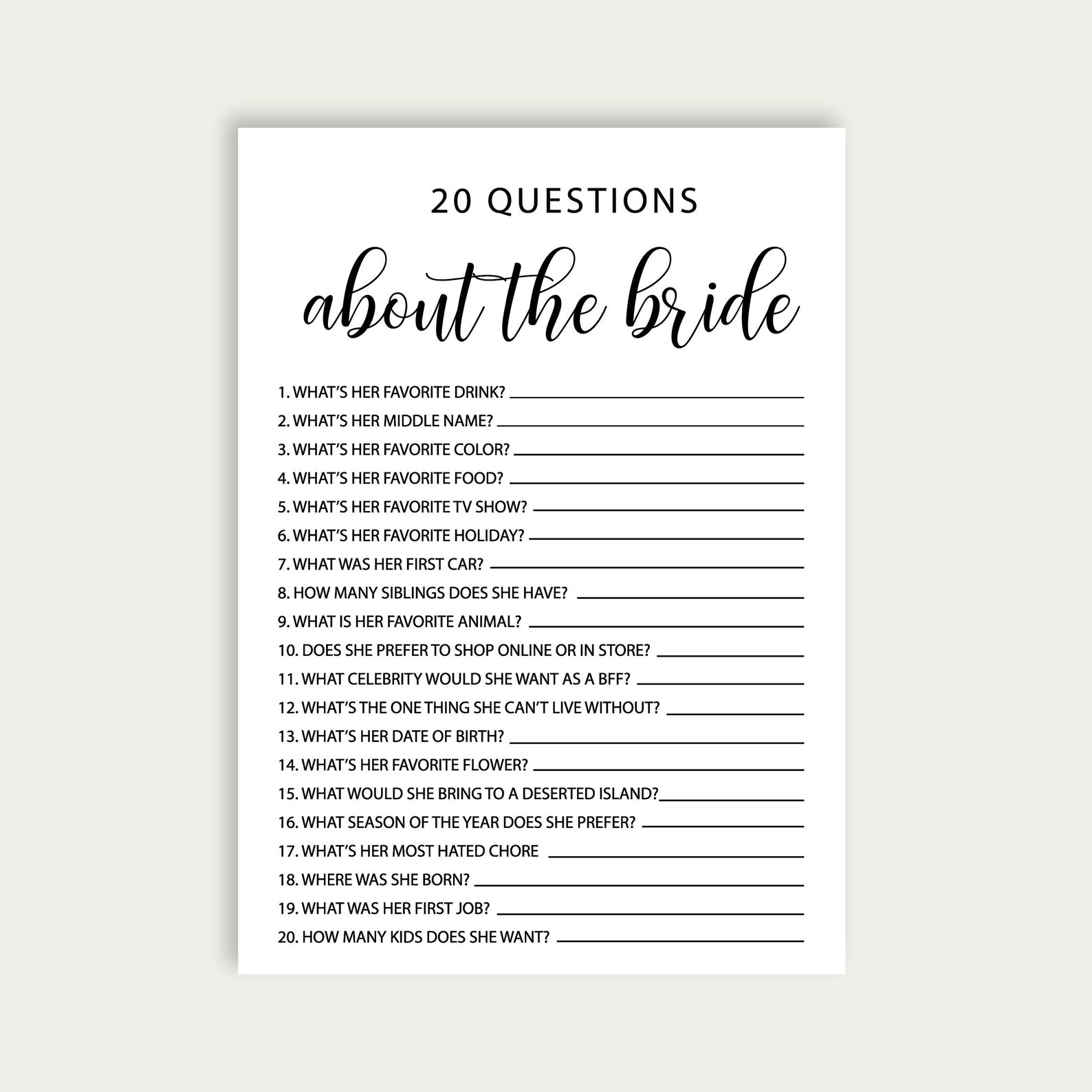 20 Questions About the Bride Bridal Shower Game Minimal - Etsy