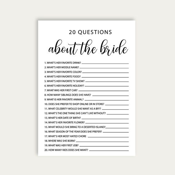 20 Questions About the Bride Bridal Shower Game Minimal - Etsy