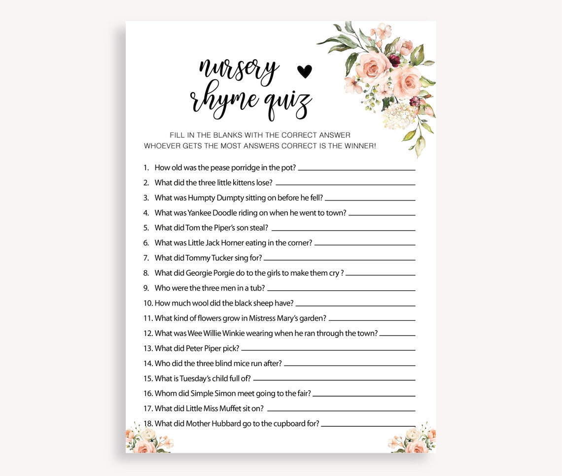 Nursery Rhyme Quiz Baby Shower Games, Printable Nursery Rhyme Game ...