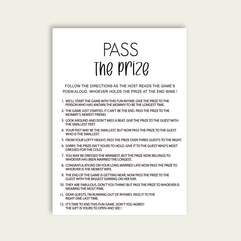 Printable Pass the Prize Game Baby Rhyme Game Pass the Poem - Etsy