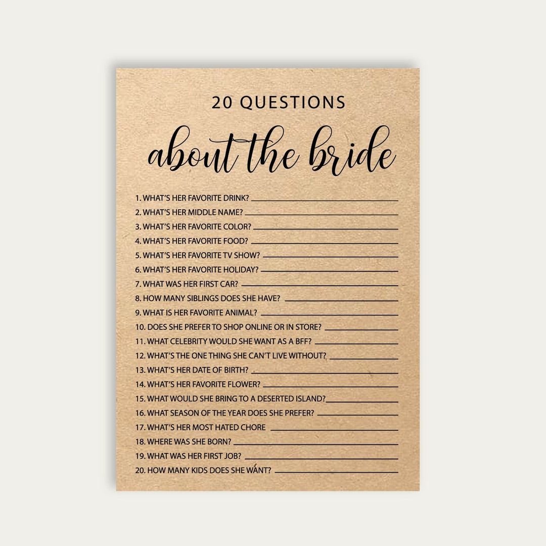 20 Questions About the Bride Bridal Shower Game, Kraft Twenty Questions ...