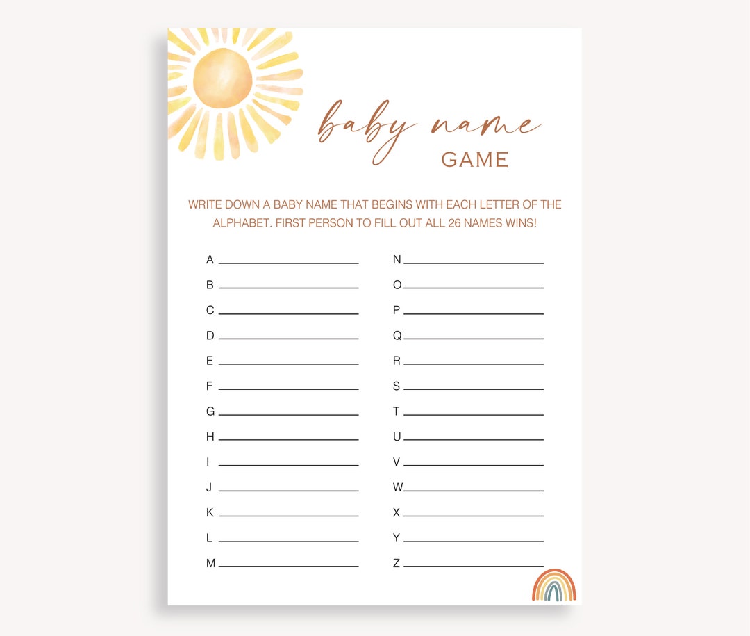 Sunshine Summer Baby Shower Game, Baby Name Race Game, Printable Baby A ...