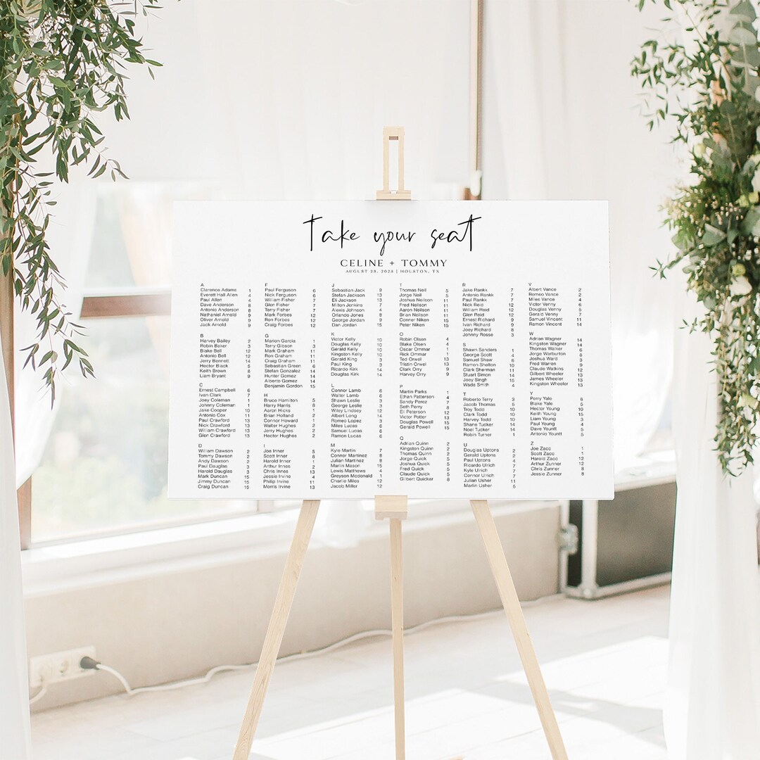 Alphabetical Wedding Seating Chart Sign, Wedding Find Your Seat Sign ...