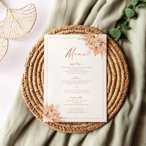 Pampas Reception Dinner Menu Template, Terra Cotta Editable Wedding ...