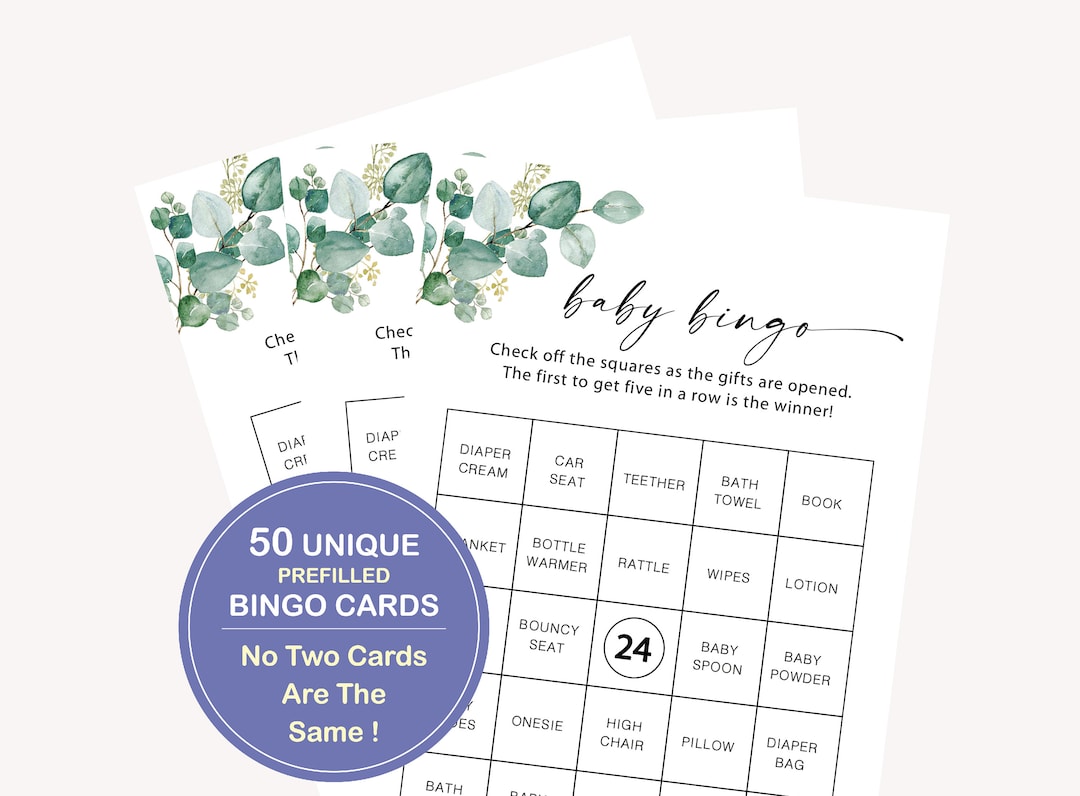 50 Unique Bingo Cards Baby Shower Bingo Game 50 Prefilled - Etsy