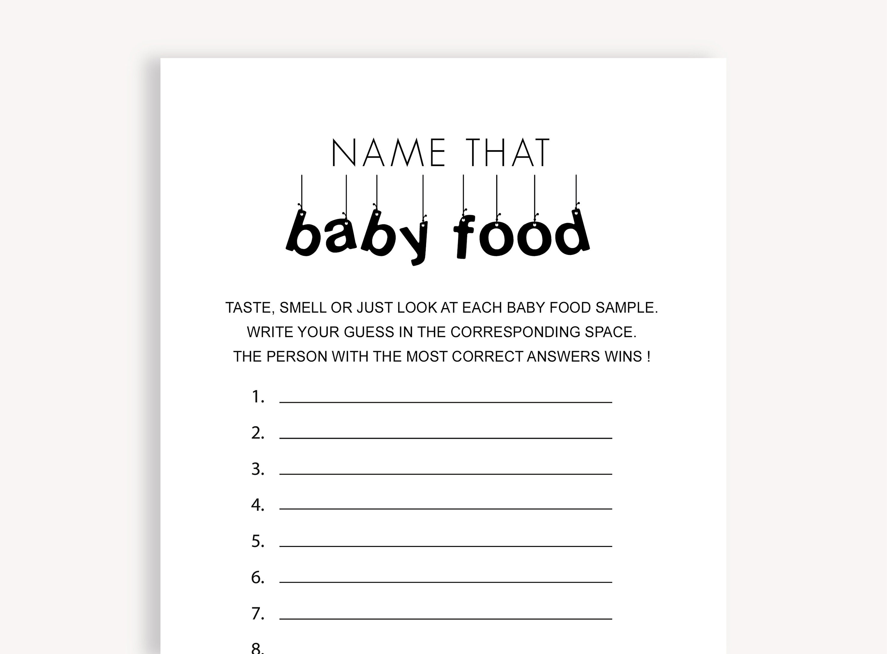 Name That Baby Food Guess, Printable Baby Shower Game, Black and White ...