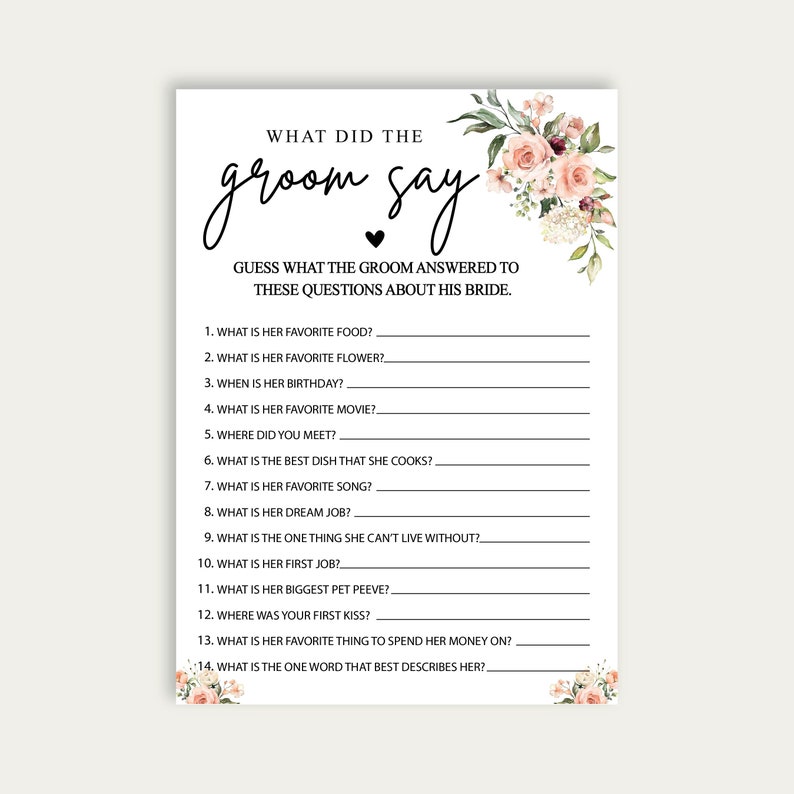 What Did the Groom Say Bridal Game, Wedding Game, Bridal Trivia Shower ...