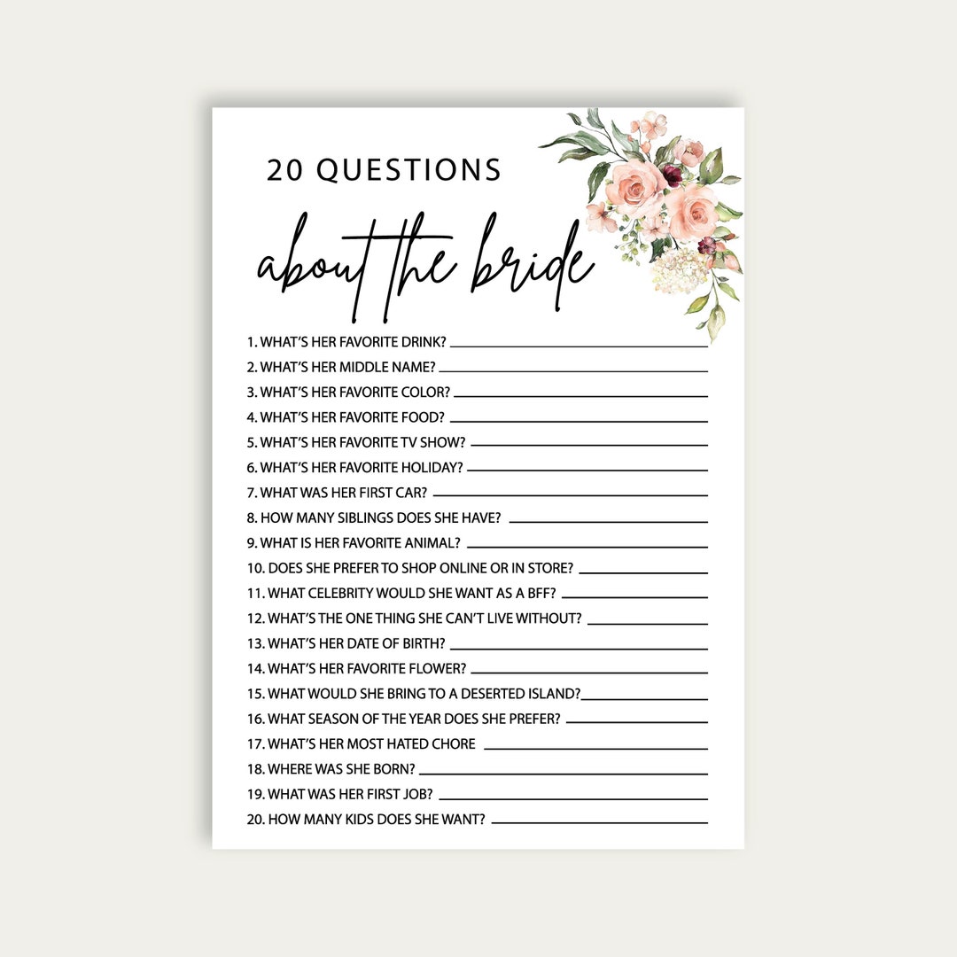 20 Questions About the Bride Funny Bridal Shower Game - Etsy