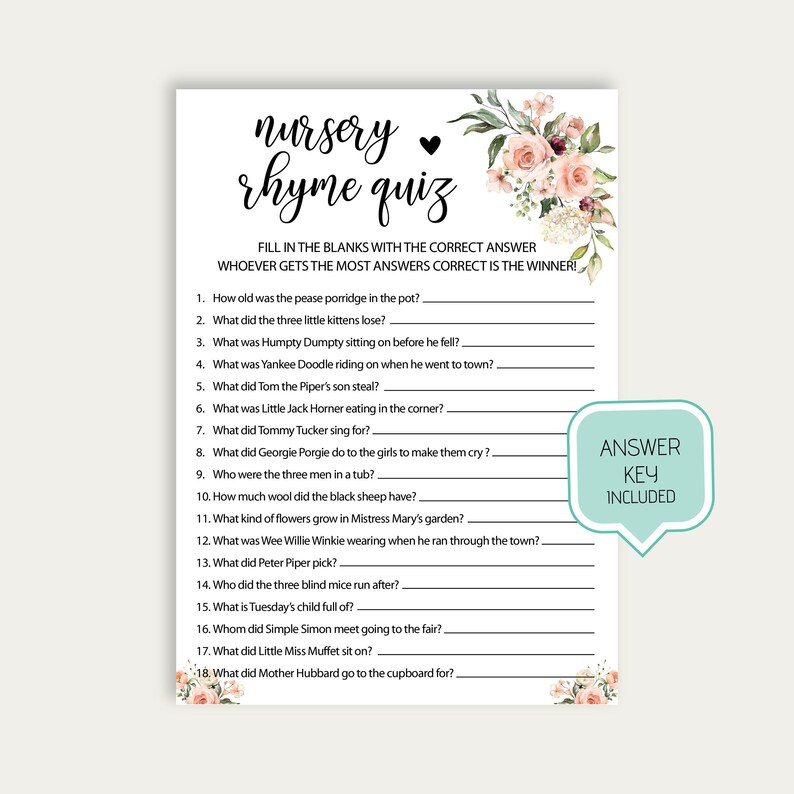 Nursery Rhyme Quiz Baby Shower Games Printable Nursery Rhyme - Etsy